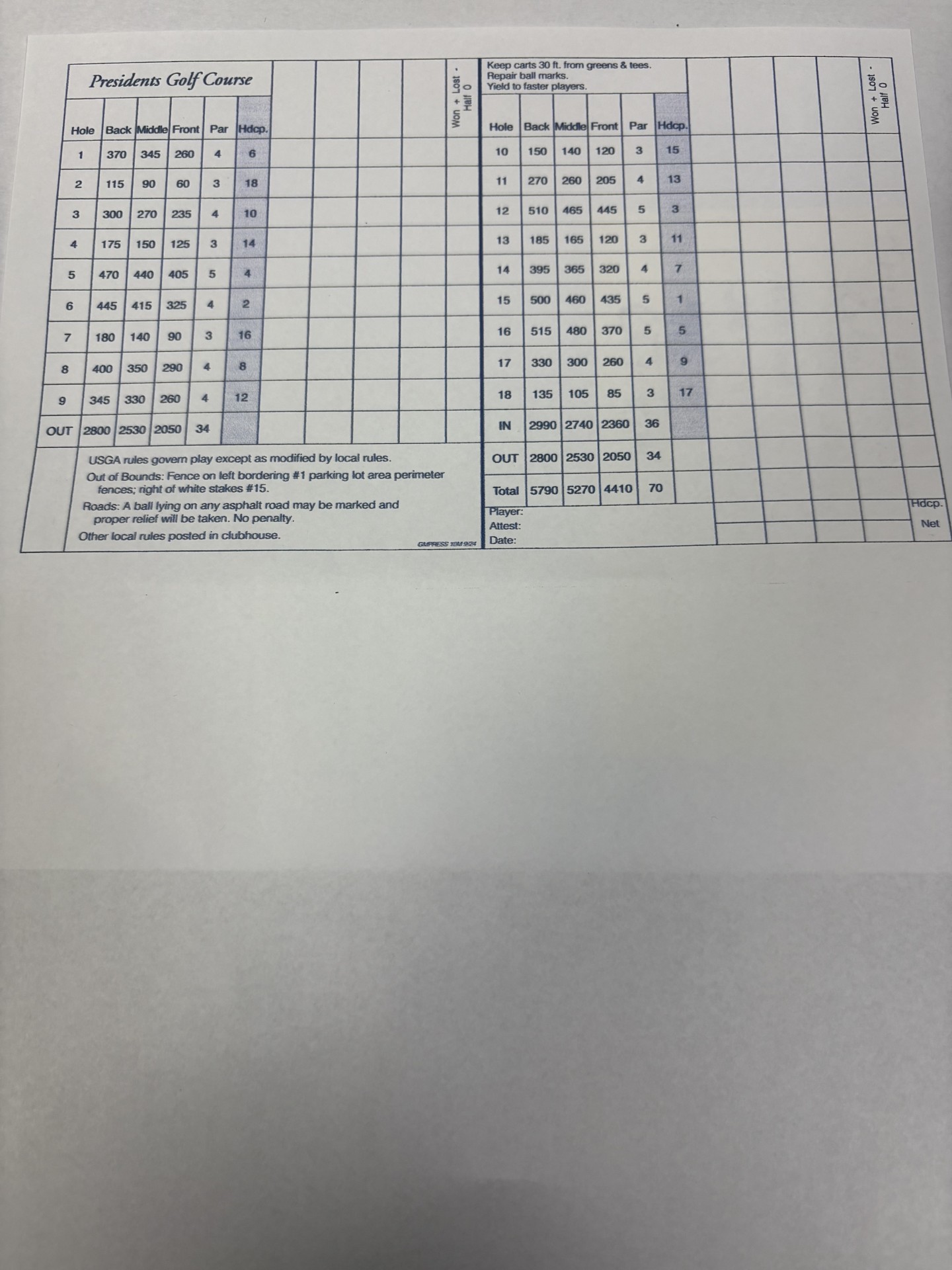 Scorecard - Presidents Golf Course